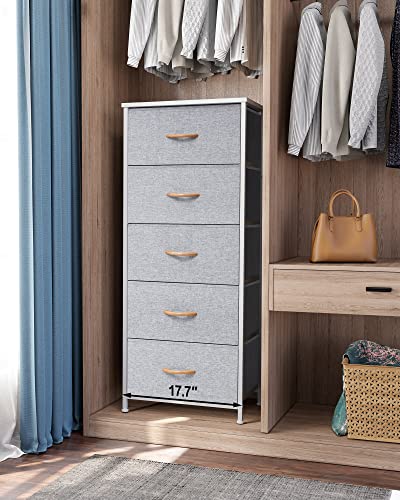 Crestlive Products Vertical Dresser Storage Tower - Sturdy Steel Frame, Wood Top, Easy Pull Fabric Bins, Wood Handles - Organizer Unit for Bedroom, Hallway, Entryway, Closets - 5 Drawers (Light Gray)