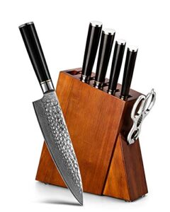 hezhen damascus steel 7pcs kitchen knives block set, multifunctional kitchen shears, professional forging chef knife santoku nakiri utility fruit, ergonomic ebony handle -classic series