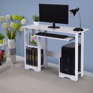 okbop desktop home computer desk with storage shelves keyboard tray, modern writing desk wood student study table notebook workstation, white small office desk (white)