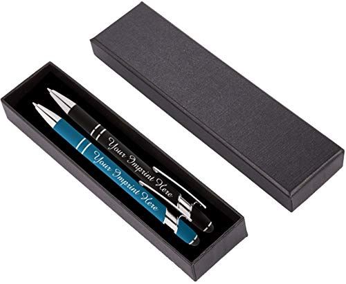 Express Pencils™ - Personalized Pens Gift Set - 2 Pack of Soft Touch Metal Pens w/gift box - Luxury Ballpoint Pen Custom Engraved with Name, Logo or Message | Perfect for Him or Her (Black - Lt Blue)