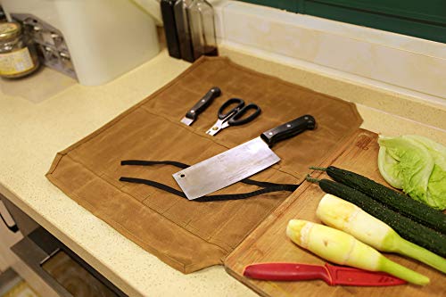 Denifiter Knife Cases Organizer-Durable Waxed Canvas Construction-7 Pockets-16 oz (Khaki)