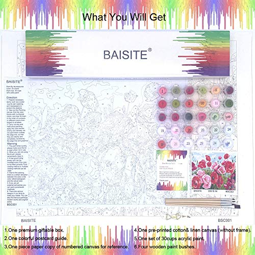 BAISITE Paint by Numbers for Adults Beginners and Kids,16" Wx20 L Canvas Pictures Drawing Paintwork with 4 Pcs Wooden Paintbrushes,Acrylic Pigment Poppy Flowers-BSC011