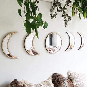 5 pieces scandinavian natural decor acrylic wall decorative mirror interior design wooden moon phase mirror bohemian wall decoration for home living room bedroom decor - acrylic,not real mirror(beige)