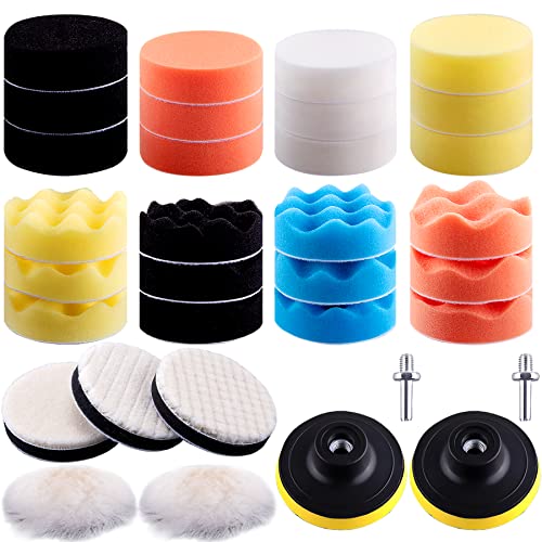 SIQUK 33 Pieces Car Polishing Pad Kit 3 Inch Buffing Pads Foam Polish Pads Polisher Attachment for Drill