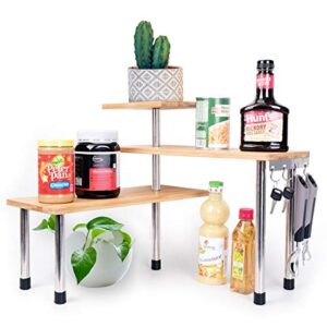 winnprime kitchen countertop corner shelf - 3 tier counter shelf stand bamboo & metal storage organization with hooks, spice rack display shelves, adjustable for kitchen, bathroom & office