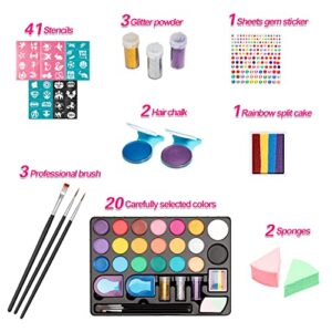 Maydear Face Painting Kit for Kids - 20 Colors Water Based Makeup Palette with Stencils, Glitters, Rainbow Split Cake, Hair Dye Clips, for Parties, Halloween, Safe Professional Body & Face paint Kit