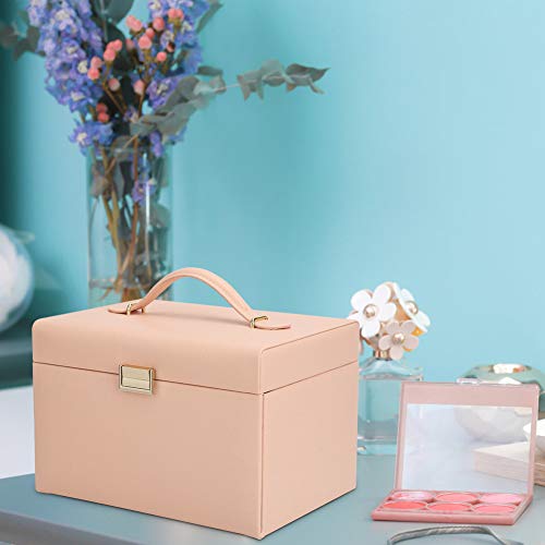 FEISCON Jewelry Box Organizer Watch Case Large Jewelry Holder Eyeglass Sunglasses Storage Box Leather Display Case Earring Organizer/Pink