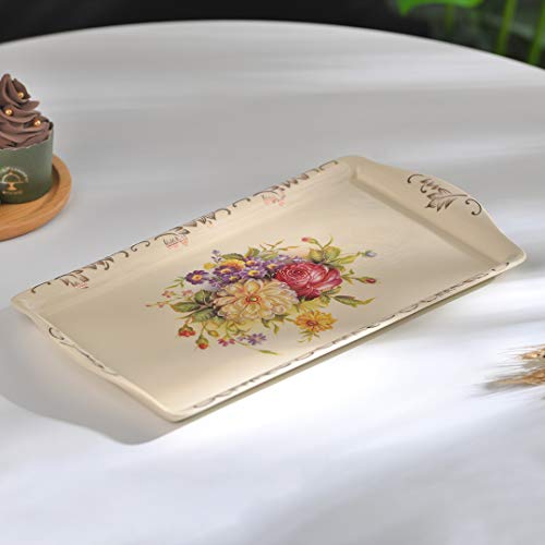 YOLIFE Flowering Shrubs Ivory Ceramic Serving Tray, 13.5 inch Decorative Platter for Tea Party