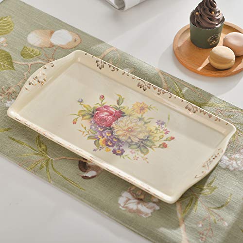 YOLIFE Flowering Shrubs Ivory Ceramic Serving Tray, 13.5 inch Decorative Platter for Tea Party