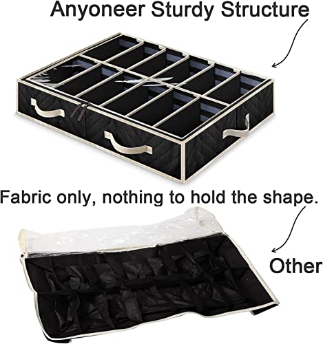 Anyoneer Set of 2 Under Bed Shoe Storage Organizer,Sturdy Structure,Adjustable Dividers,Reinforced Handle,Sturdy Zipper,Fits 24 Pairs Total,Underbed Storage Solution with Clear Window,Breathable,Black