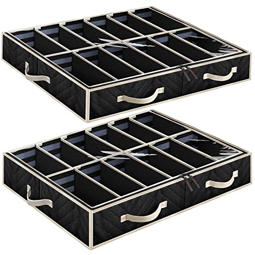 Anyoneer Set of 2 Under Bed Shoe Storage Organizer,Sturdy Structure,Adjustable Dividers,Reinforced Handle,Sturdy Zipper,Fits 24 Pairs Total,Underbed Storage Solution with Clear Window,Breathable,Black