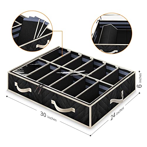 Anyoneer Set of 2 Under Bed Shoe Storage Organizer,Sturdy Structure,Adjustable Dividers,Reinforced Handle,Sturdy Zipper,Fits 24 Pairs Total,Underbed Storage Solution with Clear Window,Breathable,Black