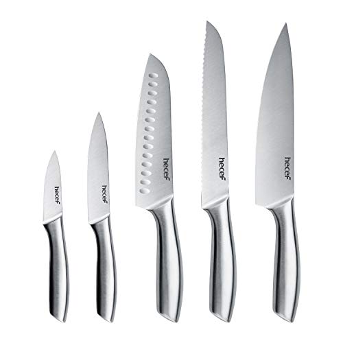 hecef Silver Kitchen knife set of 5, Satin Finish Blade with Hollow Handle, includes 8" Chef, 8" Bread, 8" Santoku, 5" Utility and 3.5" paring knife