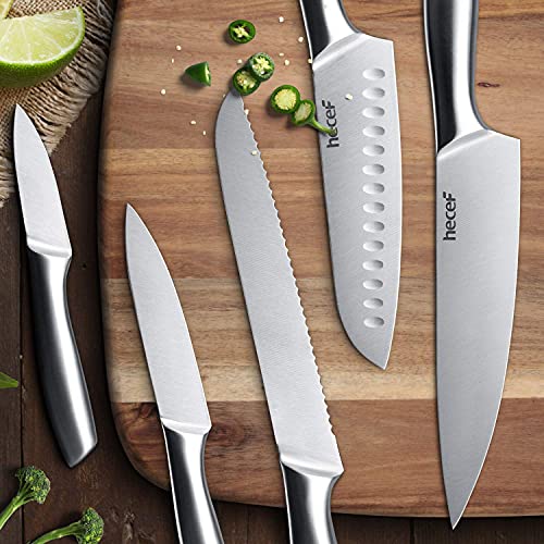 hecef Silver Kitchen knife set of 5, Satin Finish Blade with Hollow Handle, includes 8" Chef, 8" Bread, 8" Santoku, 5" Utility and 3.5" paring knife