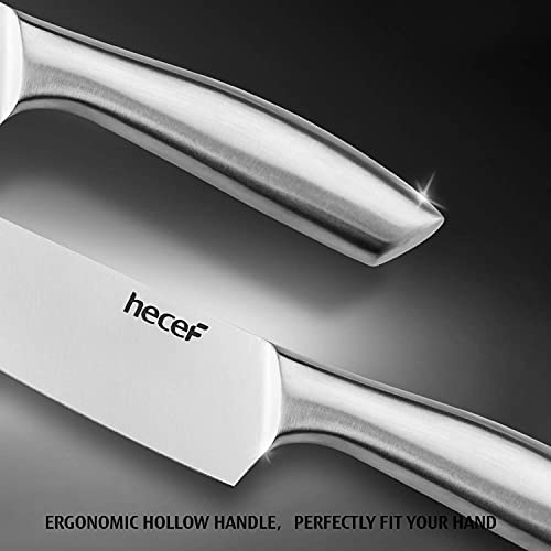 hecef Silver Kitchen knife set of 5, Satin Finish Blade with Hollow Handle, includes 8" Chef, 8" Bread, 8" Santoku, 5" Utility and 3.5" paring knife