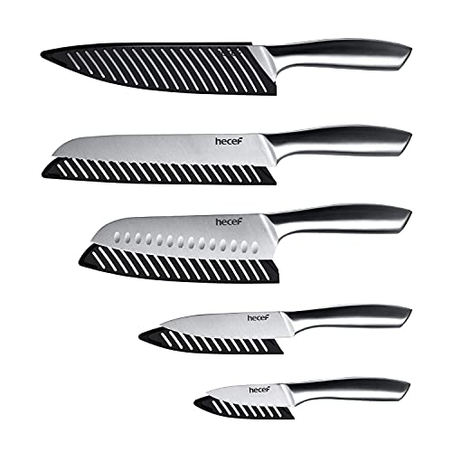 hecef Silver Kitchen knife set of 5, Satin Finish Blade with Hollow Handle, includes 8" Chef, 8" Bread, 8" Santoku, 5" Utility and 3.5" paring knife