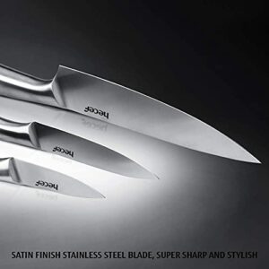 hecef Silver Kitchen knife set of 5, Satin Finish Blade with Hollow Handle, includes 8" Chef, 8" Bread, 8" Santoku, 5" Utility and 3.5" paring knife