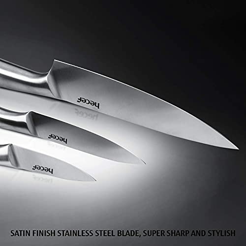 hecef Silver Kitchen knife set of 5, Satin Finish Blade with Hollow Handle, includes 8" Chef, 8" Bread, 8" Santoku, 5" Utility and 3.5" paring knife