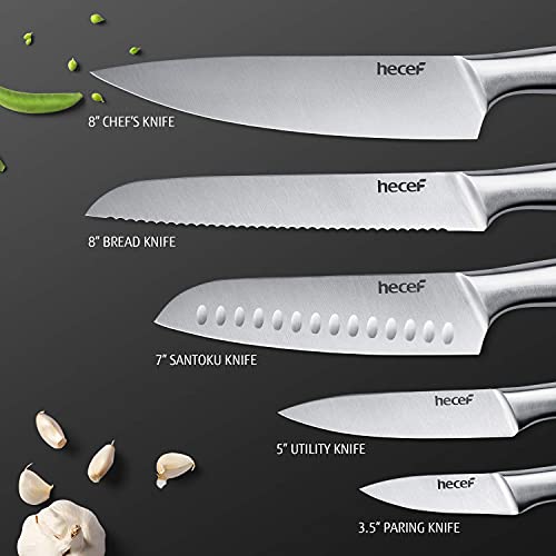 hecef Silver Kitchen knife set of 5, Satin Finish Blade with Hollow Handle, includes 8" Chef, 8" Bread, 8" Santoku, 5" Utility and 3.5" paring knife