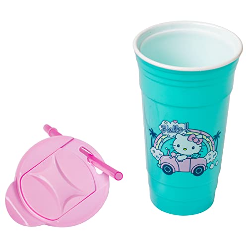 Silver Buffalo Hello Kitty Rainbow Car Plastic Tumbler with Lid and Straw, 32 Ounces