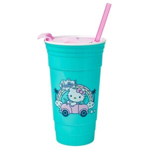 Silver Buffalo Hello Kitty Rainbow Car Plastic Tumbler with Lid and Straw, 32 Ounces