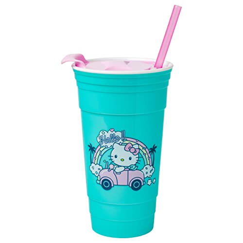 Silver Buffalo Hello Kitty Rainbow Car Plastic Tumbler with Lid and Straw, 32 Ounces