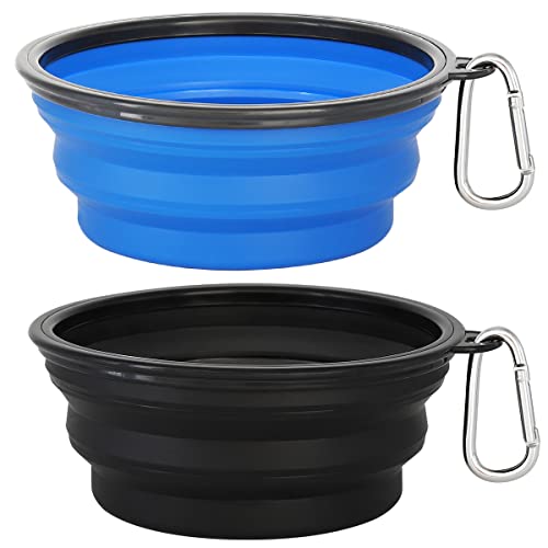 Kytely Large Collapsible Dog Bowl 2 Pack, 34oz Foldable Dog Travel Bowls, Portable Dog Water Food Bowl with Clasp, Pet Cat Feeding Cup Dish for Traveling, Walking, Hiking (Black+Blue)