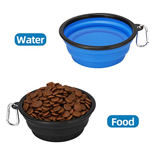 Kytely Large Collapsible Dog Bowl 2 Pack, 34oz Foldable Dog Travel Bowls, Portable Dog Water Food Bowl with Clasp, Pet Cat Feeding Cup Dish for Traveling, Walking, Hiking (Black+Blue)