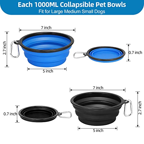 Kytely Large Collapsible Dog Bowl 2 Pack, 34oz Foldable Dog Travel Bowls, Portable Dog Water Food Bowl with Clasp, Pet Cat Feeding Cup Dish for Traveling, Walking, Hiking (Black+Blue)