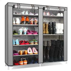 27-pairs portable shoe rack double row 9 lattices shoe storage organizer cabinet tower with dustproof cover (grey)