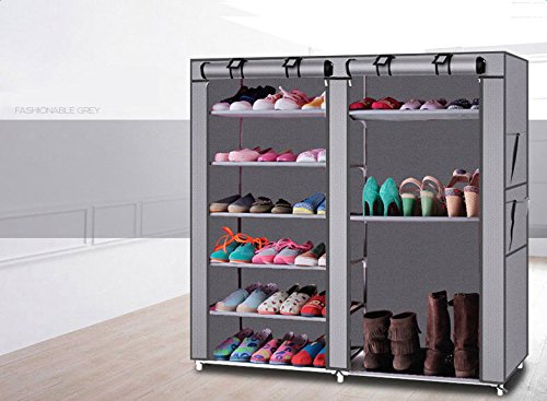 27-Pairs Portable Shoe Rack Double Row 9 Lattices Shoe Storage Organizer Cabinet Tower with Dustproof Cover (grey)