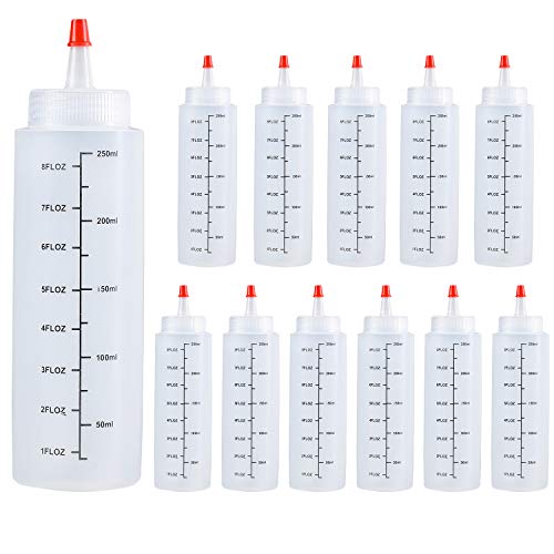 Squeeze Bottle, Shekure 12Pcs 8 Oz Premium Food Grade Plastic Bottles with Squeeze Top Caps for Icing Cookie Decorating Sauces Condiments Arts Crafts BPA Free