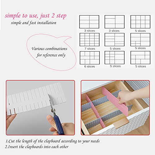 JSF Drawer Dividers,12.7' x 2.7' Kitchen Drawer Organizer Set of 12 Adjustable Drawer Dividers Organizer Separator for Clothes Makeup Storage of Dresser, Desk & Dresser in Bathroom, Bedroom (White)