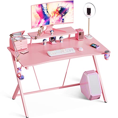 MOTPK Pink Gaming Desk 47" with Monitor Shelf Computer Desk Gaming Table Desk for Girls with Cup Holder and Headphone Hook Gamer Workstation Game Table, Gift for Girls Women