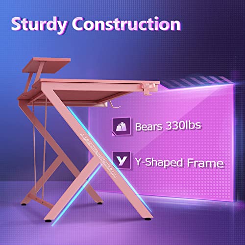 MOTPK Pink Gaming Desk 47" with Monitor Shelf Computer Desk Gaming Table Desk for Girls with Cup Holder and Headphone Hook Gamer Workstation Game Table, Gift for Girls Women