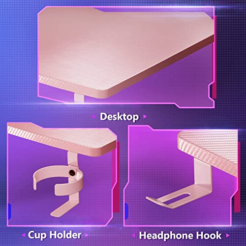 MOTPK Pink Gaming Desk 47" with Monitor Shelf Computer Desk Gaming Table Desk for Girls with Cup Holder and Headphone Hook Gamer Workstation Game Table, Gift for Girls Women