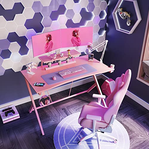 MOTPK Pink Gaming Desk 47" with Monitor Shelf Computer Desk Gaming Table Desk for Girls with Cup Holder and Headphone Hook Gamer Workstation Game Table, Gift for Girls Women