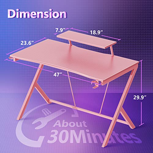 MOTPK Pink Gaming Desk 47" with Monitor Shelf Computer Desk Gaming Table Desk for Girls with Cup Holder and Headphone Hook Gamer Workstation Game Table, Gift for Girls Women