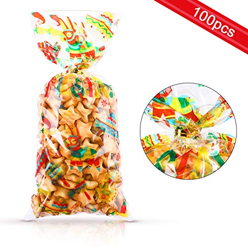 100 Pieces Mexican Fiesta Cellophane Treat Bags, Cinco De Mayo Themed Party Favor Bag Plastic Candy Bags Goodie Gift Bags Taco Bar Decor with 100 Gold Twist Ties for Fiesta Mexico Party Decoration