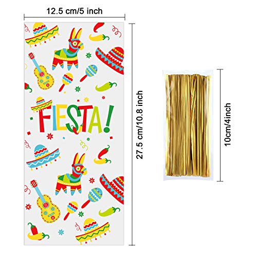 100 Pieces Mexican Fiesta Cellophane Treat Bags, Cinco De Mayo Themed Party Favor Bag Plastic Candy Bags Goodie Gift Bags Taco Bar Decor with 100 Gold Twist Ties for Fiesta Mexico Party Decoration