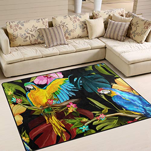 Modern Area Rugs 5x7 Washable - Parrots On The Tropical Branches Soft Area Rug Anti-Skid Nursery Runner Rugs Floor Mat Home Decor Living Room and Outdoor