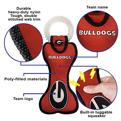 Pets First NCAA Georgia Bulldogs College Dental Tough Dog TUG Bone Toy with Built-in Squeaker Attached to a Safe Rubber Teething Toothbrush PET Toy, Team Color, 14 x 5 (GA-3310)