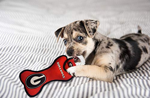 Pets First NCAA Georgia Bulldogs College Dental Tough Dog TUG Bone Toy with Built-in Squeaker Attached to a Safe Rubber Teething Toothbrush PET Toy, Team Color, 14 x 5 (GA-3310)