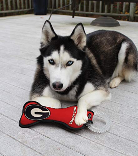 Pets First NCAA Georgia Bulldogs College Dental Tough Dog TUG Bone Toy with Built-in Squeaker Attached to a Safe Rubber Teething Toothbrush PET Toy, Team Color, 14 x 5 (GA-3310)