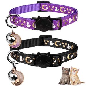 2pcs breakaway cat collars with bell moons stars cute kitty adjustable safe kitten collars with pendant glow in the dark(black&purple)