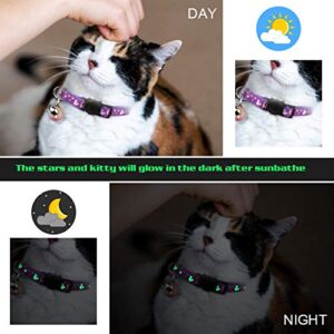 2PCS Breakaway Cat Collars with Bell Moons Stars Cute Kitty Adjustable Safe Kitten Collars with Pendant Glow in The Dark(Black&Purple)