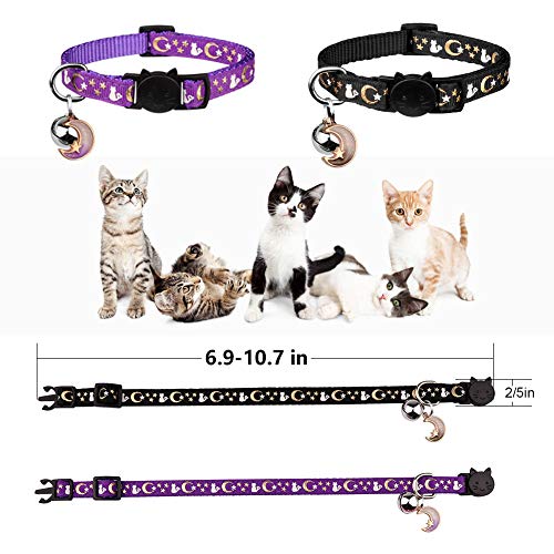 2PCS Breakaway Cat Collars with Bell Moons Stars Cute Kitty Adjustable Safe Kitten Collars with Pendant Glow in The Dark(Black&Purple)