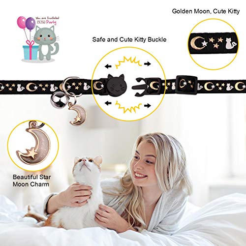 2PCS Breakaway Cat Collars with Bell Moons Stars Cute Kitty Adjustable Safe Kitten Collars with Pendant Glow in The Dark(Black&Purple)