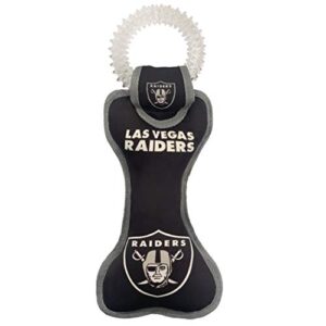 pets first nfl las vegas raiders football dental tough dog tug bone toy with built-in squeaker attached to a safe rubber teething toothbrush pet toy, team color, (oak-3310), 14 x 5