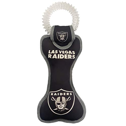 Pets First NFL Las Vegas Raiders Football Dental Tough Dog TUG Bone Toy with Built-in Squeaker Attached to a Safe Rubber Teething Toothbrush PET Toy, Team Color, (OAK-3310), 14 x 5